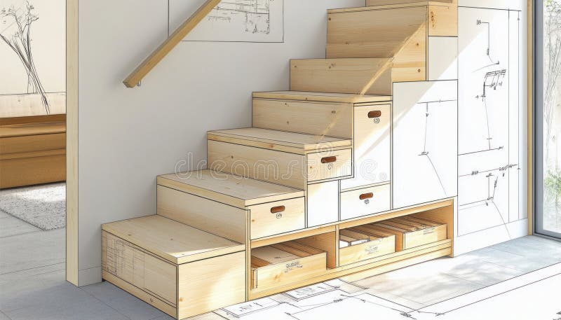Architect Designing Modern Space Saving Stairs with Integrated Drawers ...