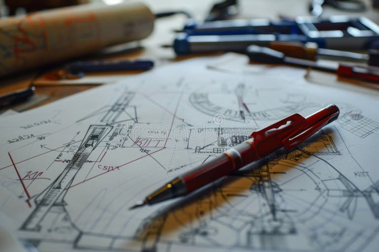 Architect Designing New Project Using Technical Pen on Blueprint Stock ...