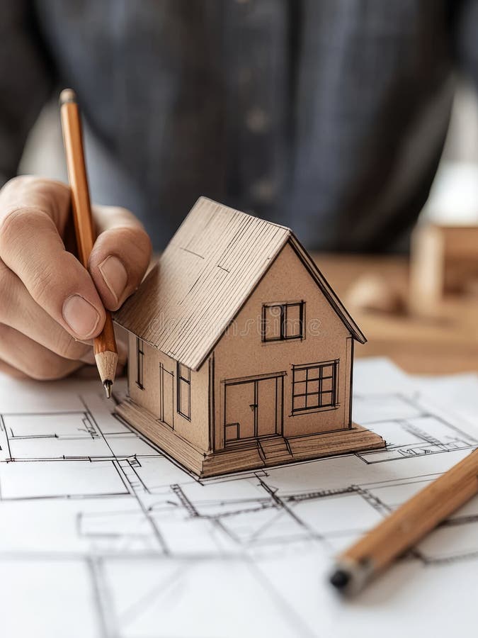 Architect Designing Residential House Project, Drawing Plan on ...