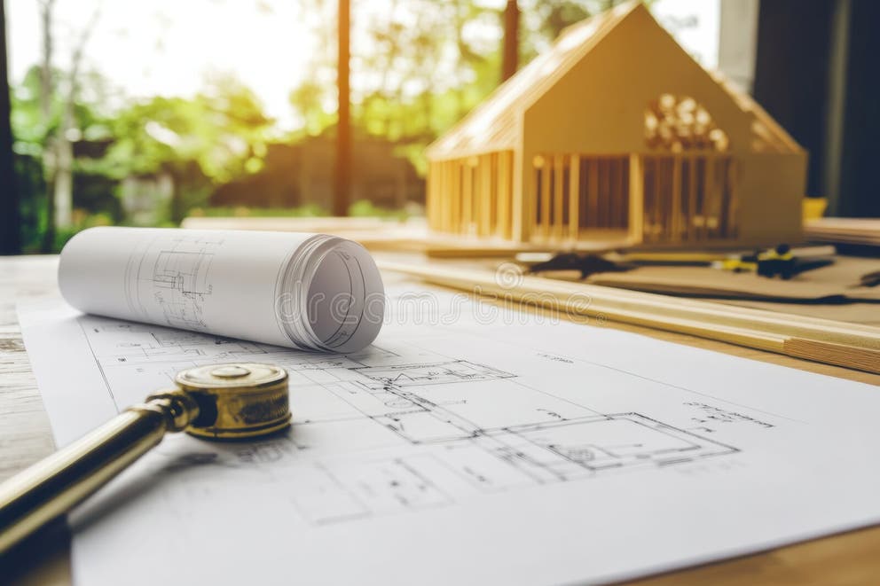 Architect Designing Wooden House Using Blueprints and Scale Model Stock ...