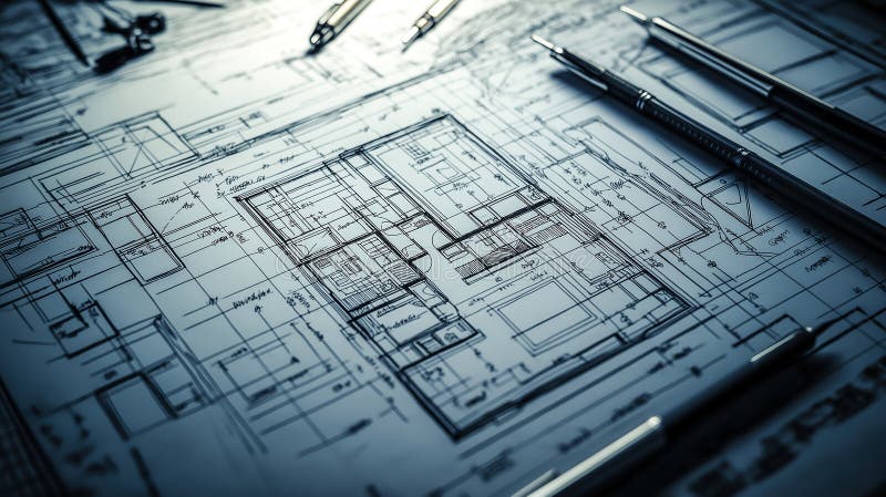 An Architect Designs a Building in a Blueprint. Generative Ai Stock ...