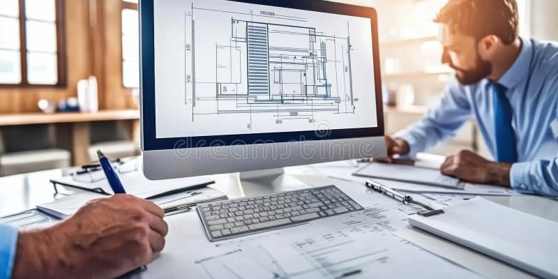 Architect Designs Building Plan on Computer with Paperwork and Pen ...