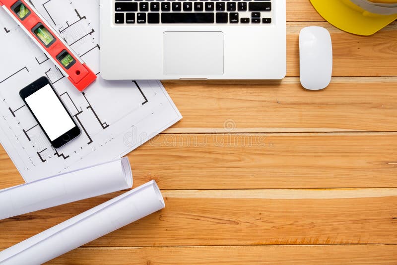 Architect Desk Project in Construction Site Stock Photo - Image of ...