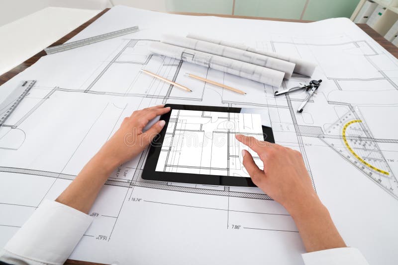 Architect with Digital Tablet Over Blueprint Stock Image - Image of ...