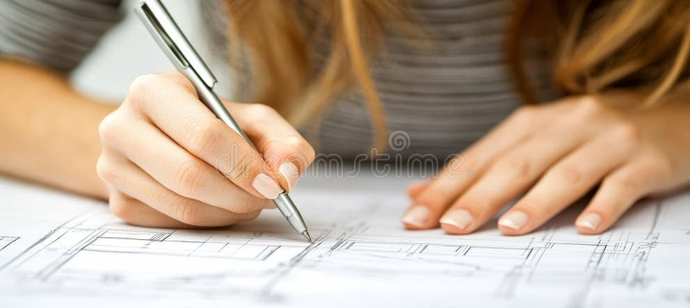 Architect Drafting Architectural Blueprints. Close-Up on Hands and Pen ...