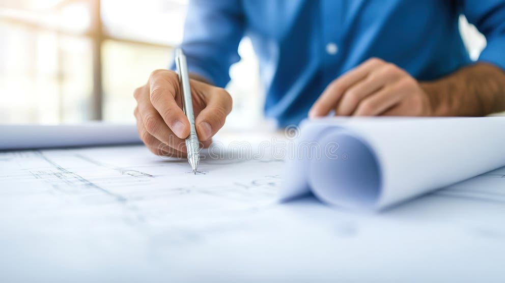 Architect Drafting Blueprint in Office Setting with Rolled Plans Stock ...