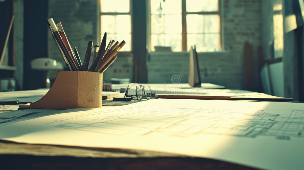 Architect Drafting Blueprints Construction Workplace Project Planning ...