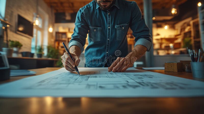 Architect Drafting Detailed Blueprints in the Office a Close-Up of ...