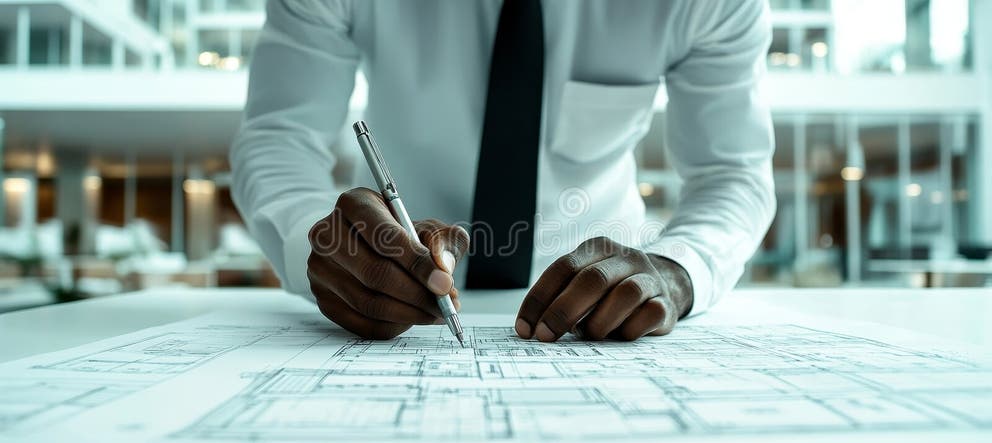 Architect Drafting Plans Close-up of Hands Detailing Blueprints on ...