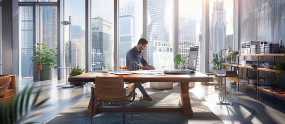 Architect at Drafting Table with AI Hologram AIG60 Stock Illustration - Illustration of virtual ...