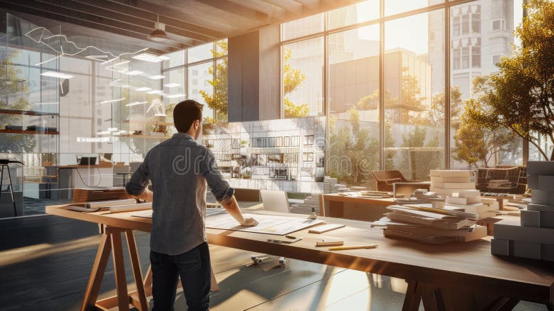 Architect at Drafting Table with AI Hologram AIG60 Stock Image - Image ...