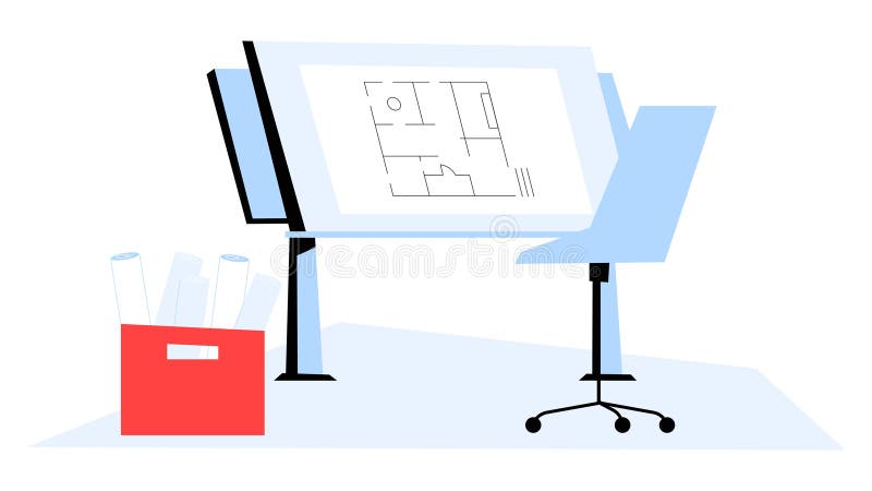 Architect Drafting Table with Blueprint in Flat Vector Illustration ...