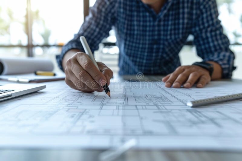 Architect Drawing Architectural Project Sketching Blueprint Plan on ...