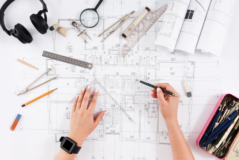 Architect Drawing Architectural Project Top View Stock Image - Image of ...