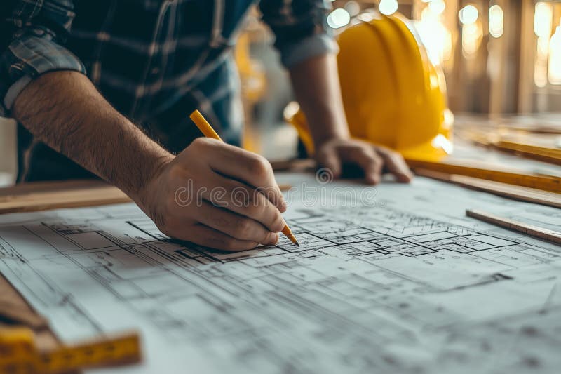 Architect Drawing on Blueprint, Architectural Concept with Soft Focus ...