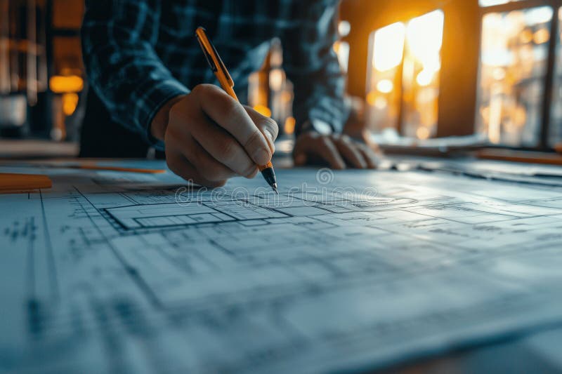 Architect Drawing on Blueprint, Architectural Concept with Soft Focus ...