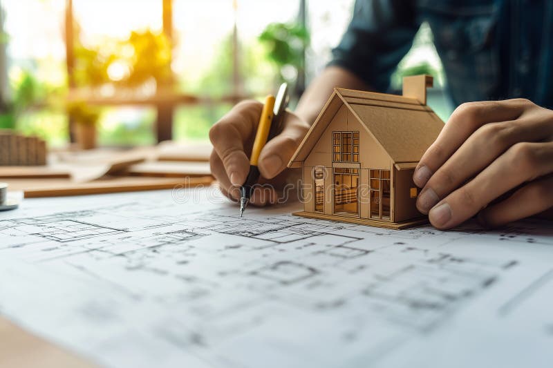 Architect Drawing on Blueprint, Architectural Concept with Soft Focus ...