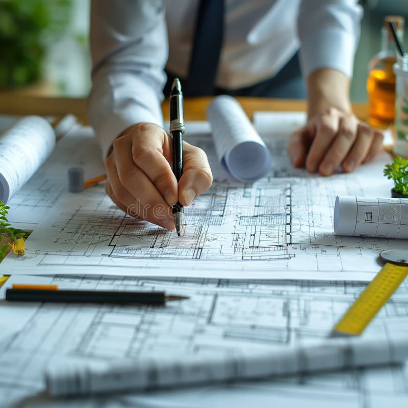 Architect Drawing on Blueprint with Compass Stock Image - Image of ...