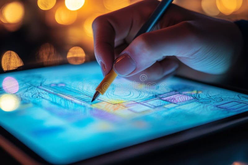 Architect Drawing Blueprint of House Plan Using Stylus Pen on Tablet ...