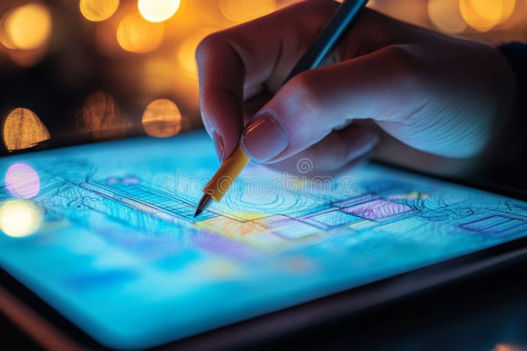 Architect Drawing Blueprint of House Plan Using Stylus Pen on Tablet ...