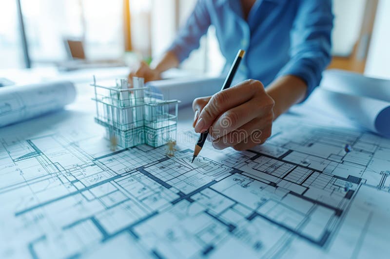 Architect Drawing Blueprint with Model Structure Stock Image - Image of ...