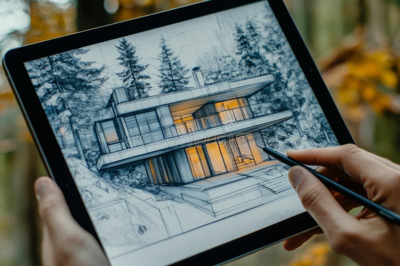 Architect Drawing Blueprint of a Modern Interior Using a Digital Tablet ...
