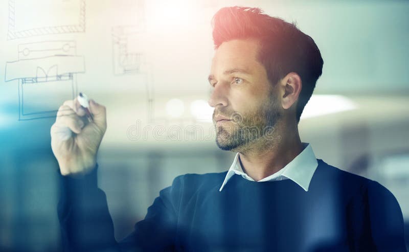 Architect, Drawing and Blueprint Planning on Glass and Floor Plan for ...