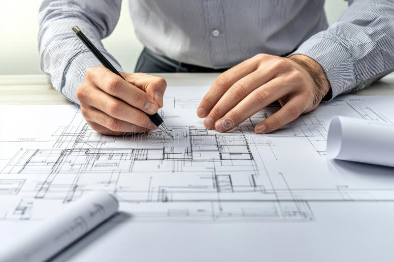Architect Drawing Blueprint with Precision, Detailing Structural Plans ...