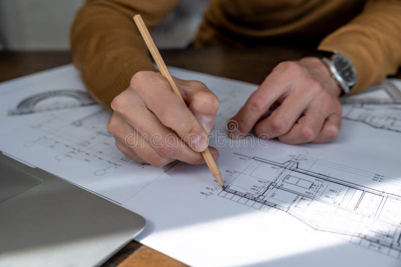 Architect Drawing Blueprint Sketching Design of House, Making ...