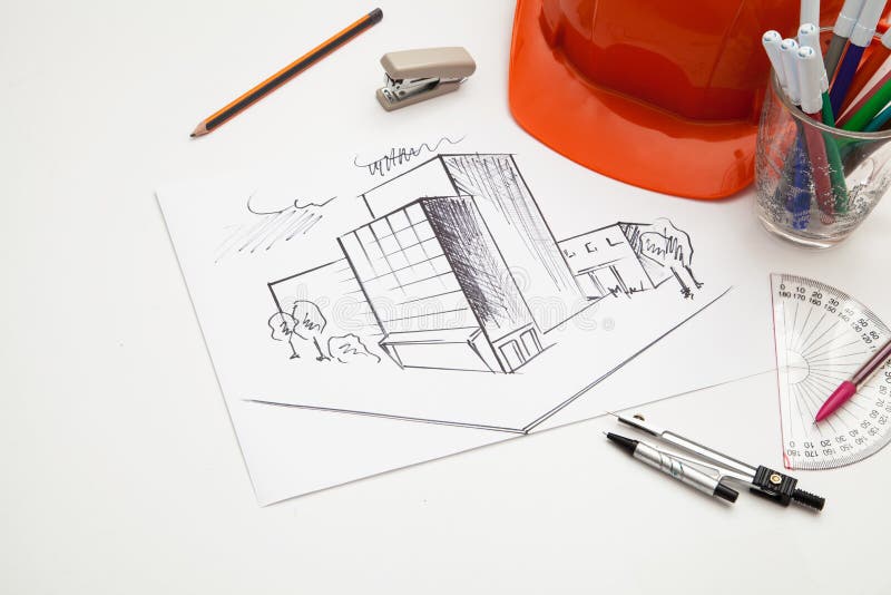 Architect Drawing Blueprints Stock Image - Image of construction, angle ...