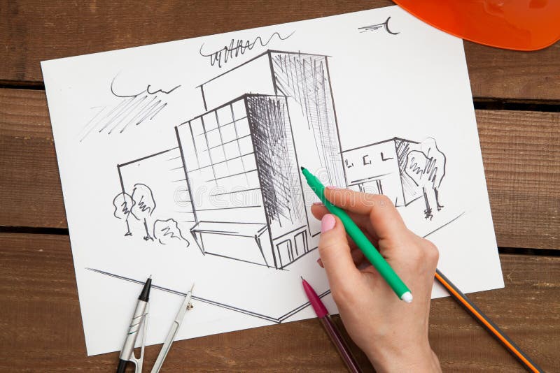 Architect Drawing Blueprints Stock Image - Image of graphic, female ...