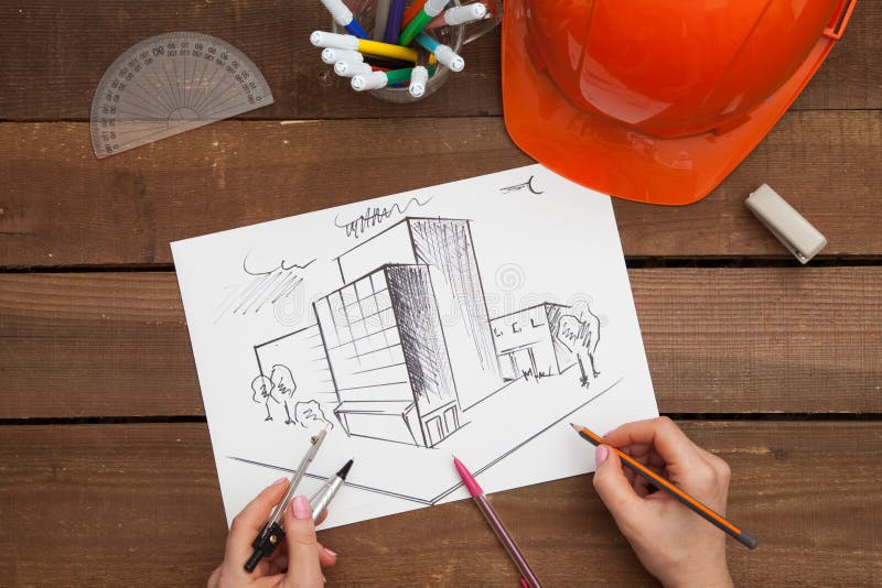 Architect Drawing Blueprints Stock Image - Image of idea, interior ...