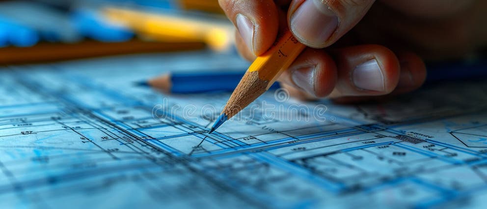 Architect Drawing Blueprints Stock Image - Image of artistic ...
