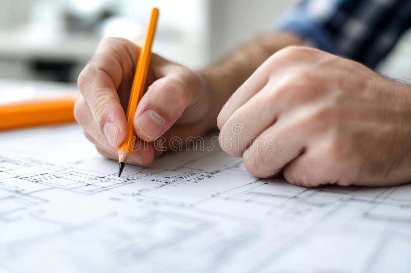 Architect Drawing Blueprints with a Pencil Stock Photo - Image of ...