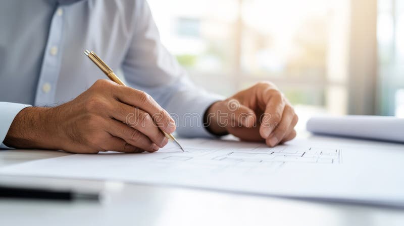 Architect Designing Structural Blueprint with Pencil, Drafting ...