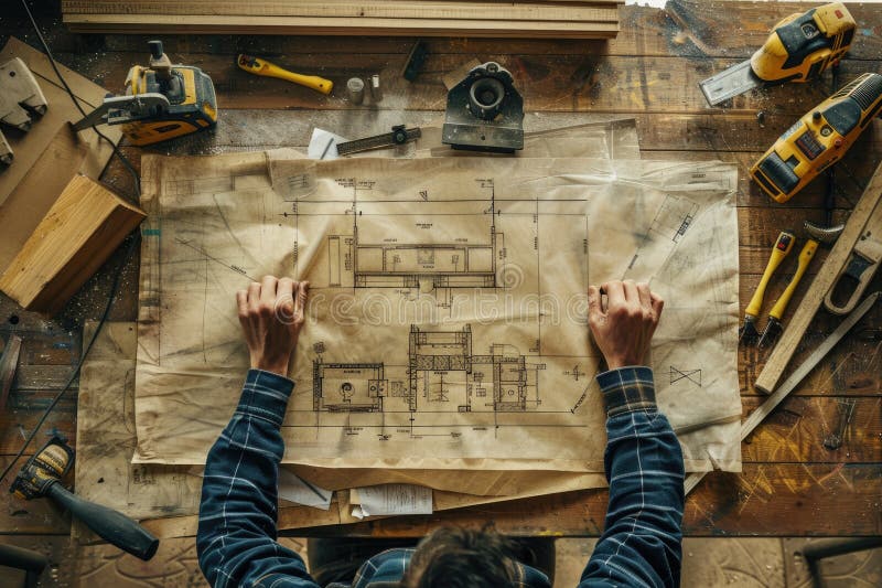 Architect Drawing Building Floor Plan, Design Blueprint Map and ...