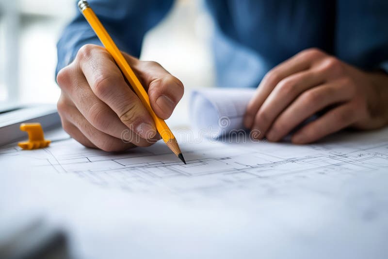 Architect Drawing Blueprints with a Pencil Stock Image - Image of tools ...
