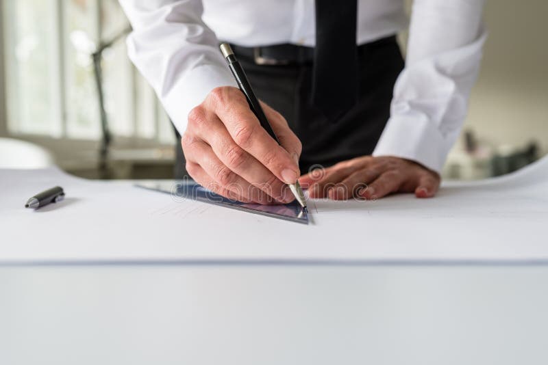 Architect Drawing a Draft on a Paper Stock Photo - Image of innovation ...