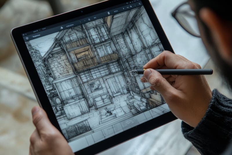 Architect Drawing House Interior Perspective on Digital Tablet with Stylus Pen, Working on ...