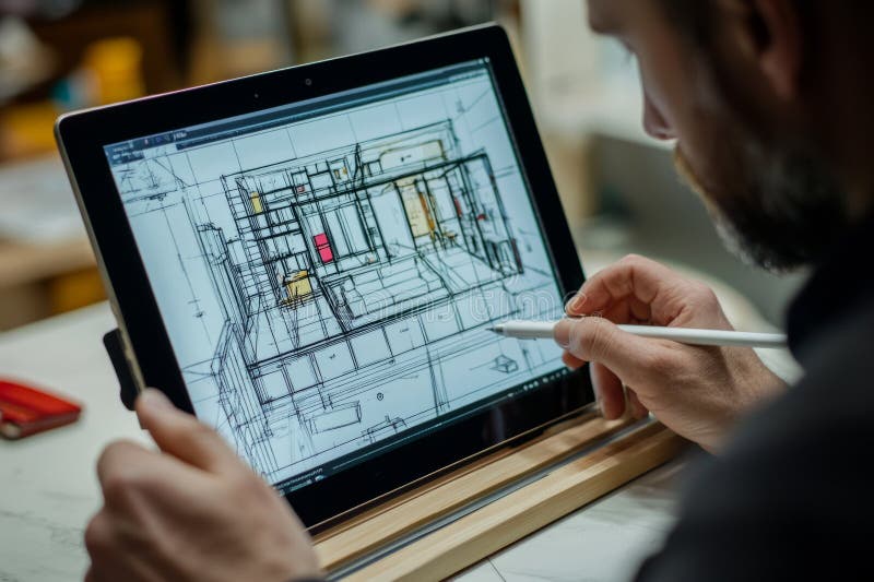 Architect Drawing House Interior Perspective on Digital Tablet with ...