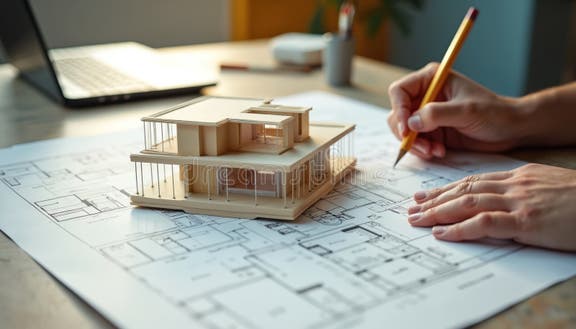 Architect Drawing House Plan. Man Engineer Designs Blueprints ...