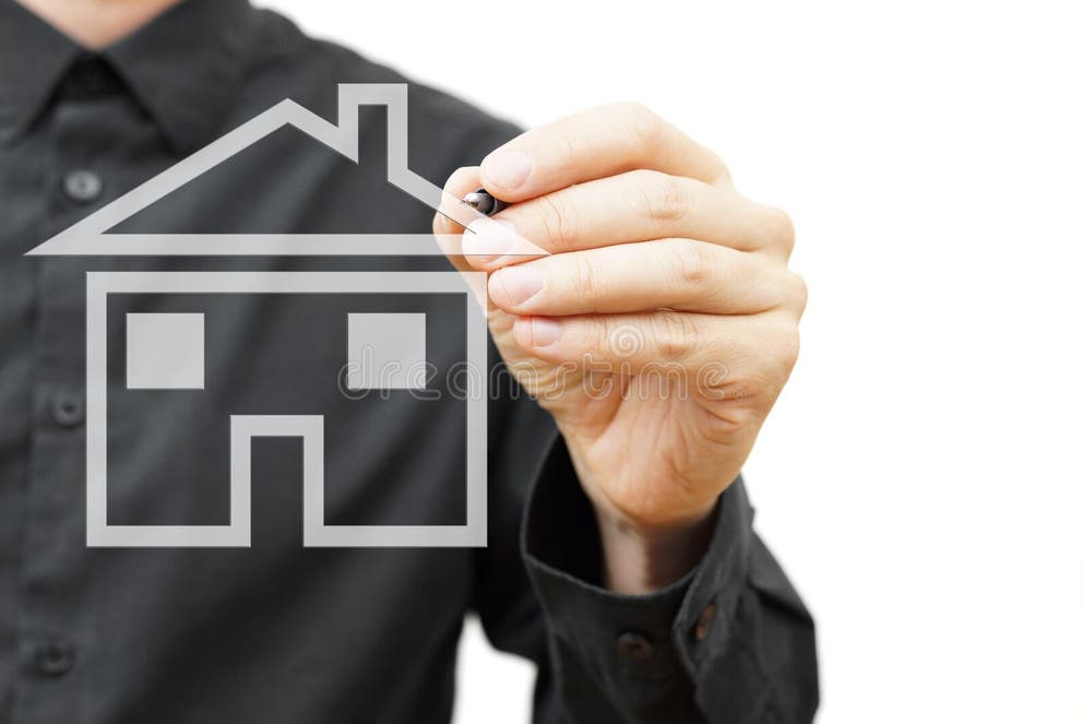 Architect Drawing a House on a Virtual Screen Stock Photo - Image of ...