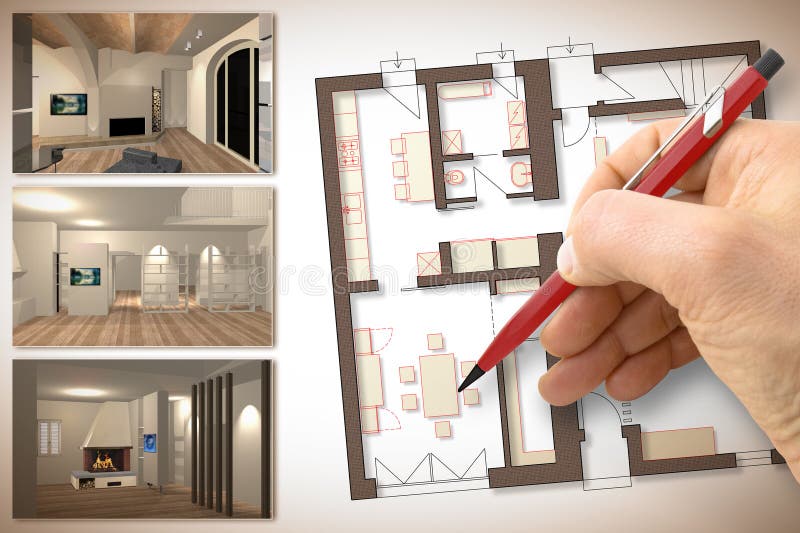 Architect Drawing an Interior Design. Concept Image with Indoor ...