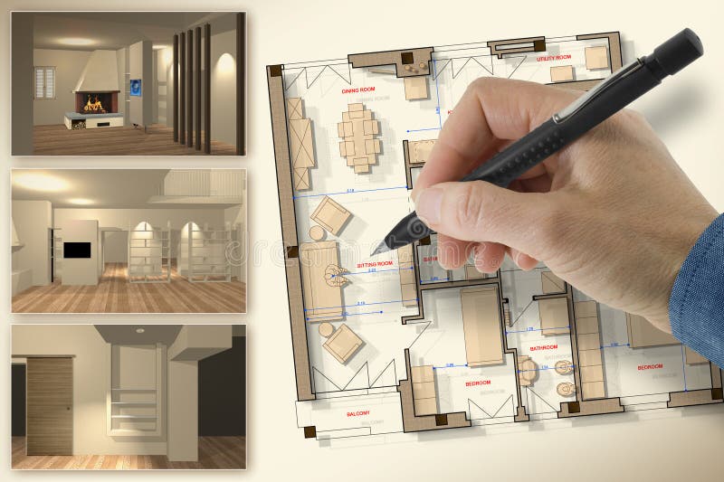 ARCHITECT DRAWING an INTERIOR DESIGN - Concept with Indoor Rendering an ...