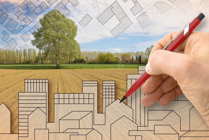 Architect Drawing a New City with a City Map Against a Rural Scene with ...