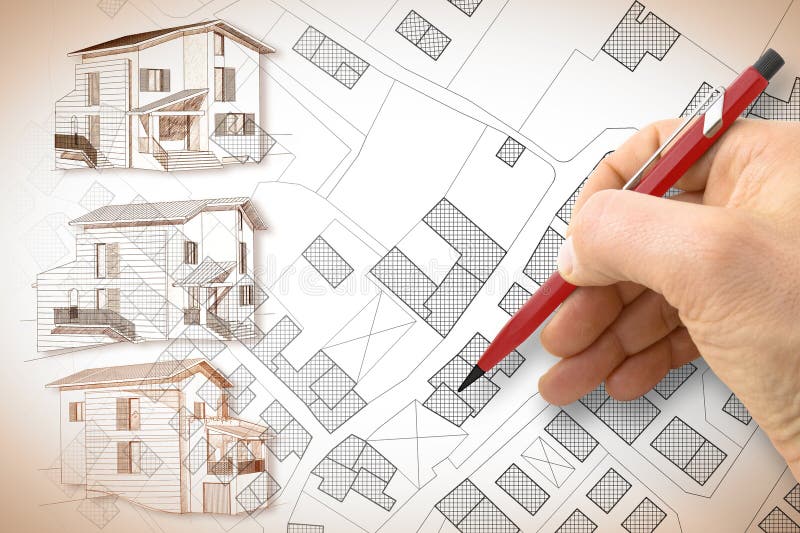 Architect Drawing a New Residential Building Over an Imaginary ...
