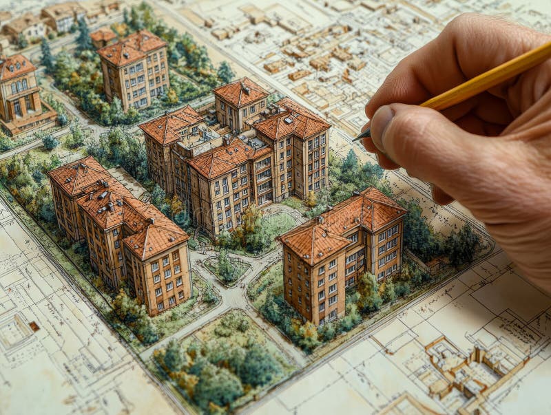 Architect Drawing a New Residential Building Over an Imaginary ...