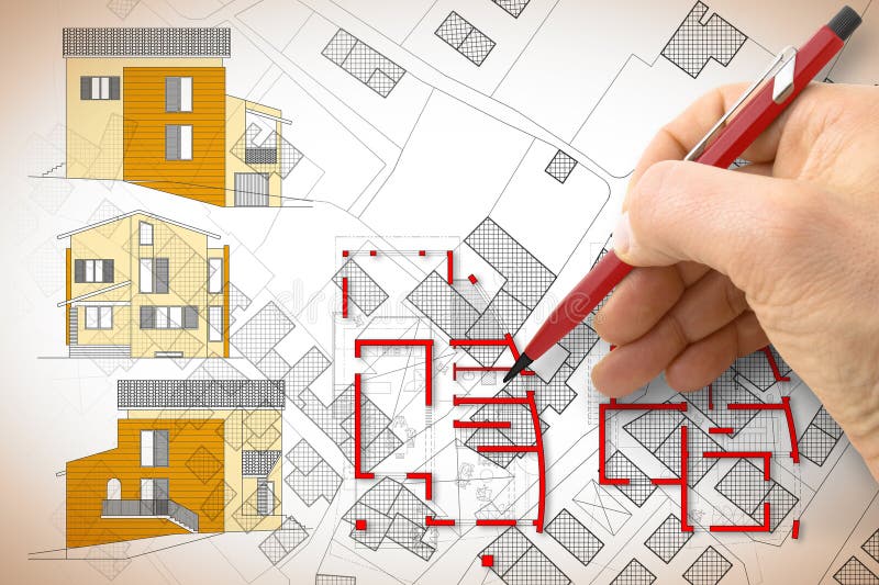 Architect Drawing a New Residential Building Over an Imaginary ...