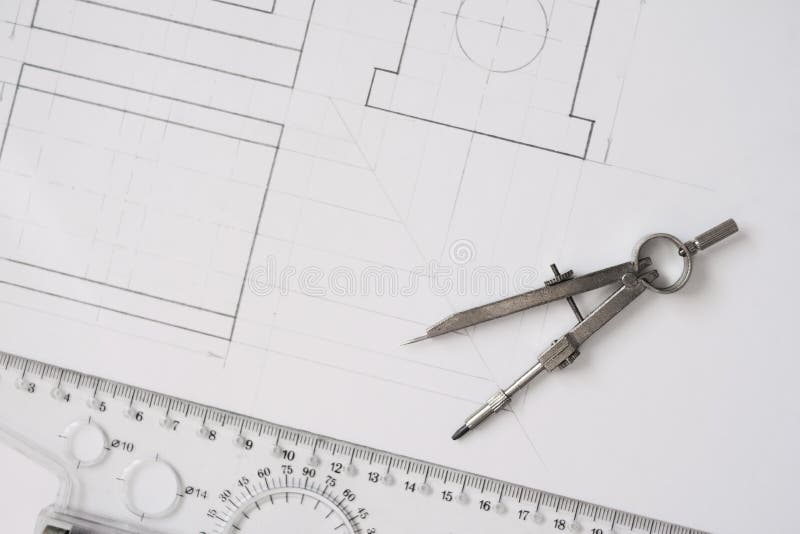 Architect Drawing on Paper with Compass and Ruler Stock Photo - Image ...