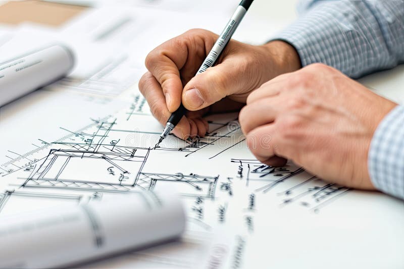 Architect Drawing Plans for a Modern Building Stock Illustration ...